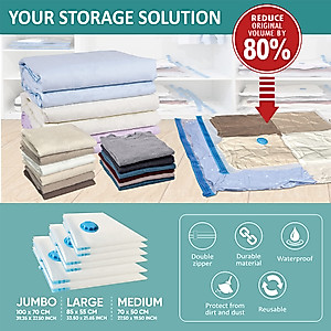 6 Space Saver Vacuum Storage Bags, Vacuum Sealed Storage Bags (2 Jumbo + 2 Large + 2 Medium) with Hand Pump, Vacuum Seal Bags for Clothing, Comforters, Pillows, Towel, Blanket Storage, Bedding