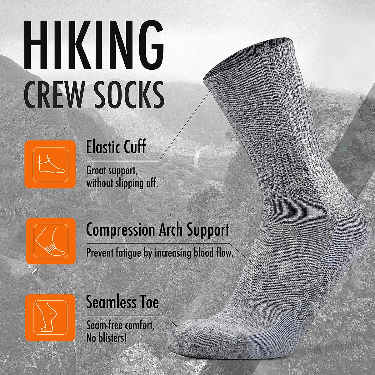 KitNSox 4 Pack Men's Women's Merino Wool Hiking Running Socks Crew Warm Thick Cushioned Outdoor Walking Sport Athletic Sock, Medium, Light Grey