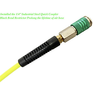 SANFU (PU) Polyurethane Recoil Air Hose 1/4”ID x 50ft with Bend Restrictor,1/4” Industrial Steel Quick Coupler and Plug, Yellow(50’)