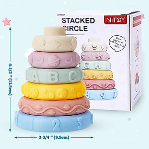 NiToy 6PCS Stacking & Nesting Building Ring Teether Stacker Toy for Boys and Girls, Educational Rainbow Tower Wheels Soft Silicone Circle Squeeze Toy with Letter Number Graphic Engaging Early Learning
