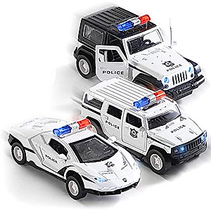 Top Race Metal Die cast Police Cars Pull Back Battery Powered with Led Headlights Police Truck and Sirens 1:32 Scale Set of 3 - Die Cast Metal Toy Cars Hot Wheels Police Cars