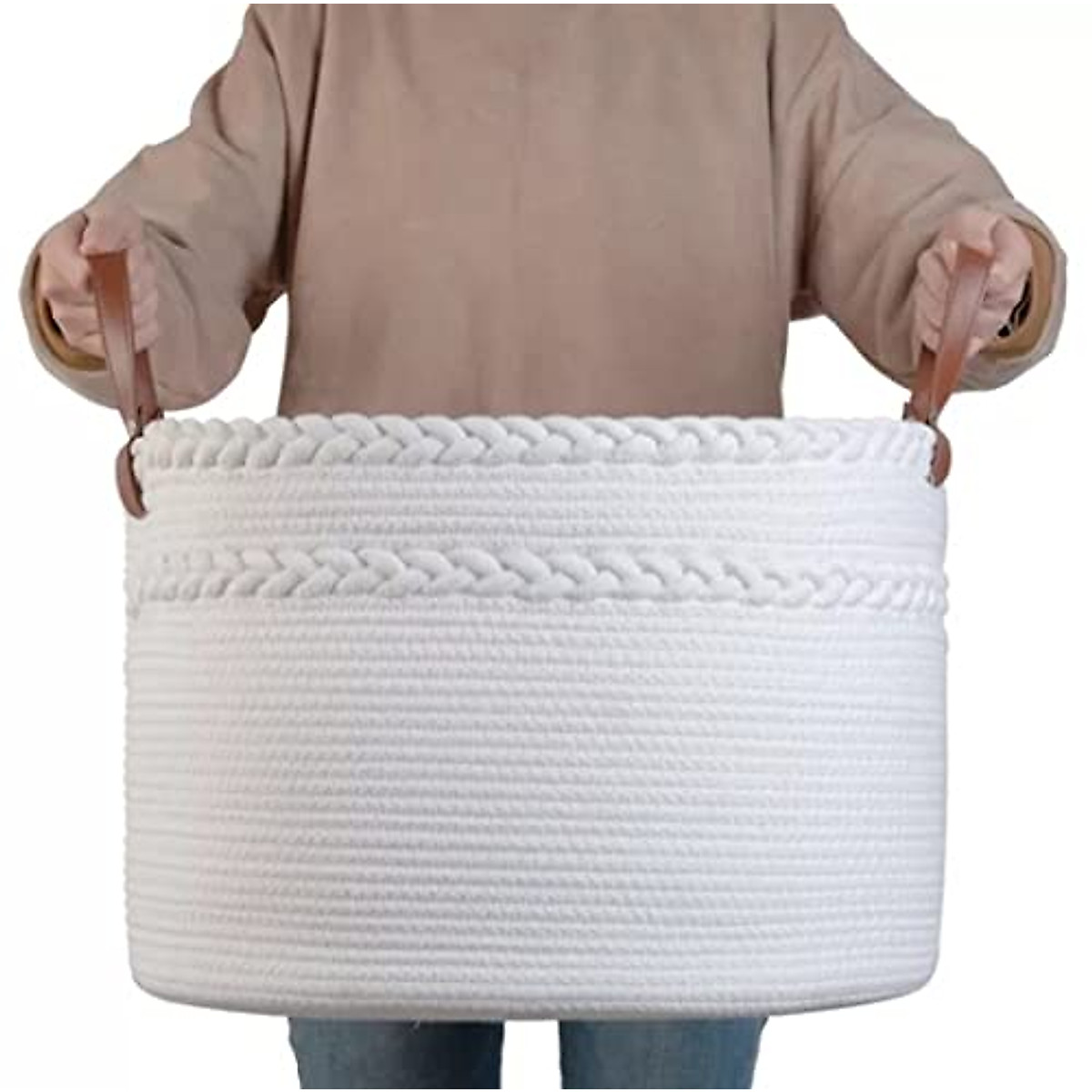 Rhen Studio - Large White Woven Storage Basket - Dual Braided - Leather Handles - 21" x 21" x13" (Cotton, White)
