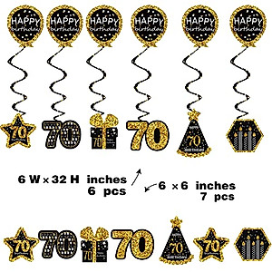 70th birthday decorations for men - (21pack) cheers to 70 years black gold glitter banner for women, 6 paper Poms, 6 Hanging Swirl, 7 decorations stickers. 70 Years Old Party Supplies gifts for men