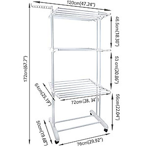 Voil Clothes Airer 3 Tier Foldable Laundry Drying Clothes Rack Outdoor Indoor Heavy Duty Clothing Horse Garment Dryer Stand on Wheel, White