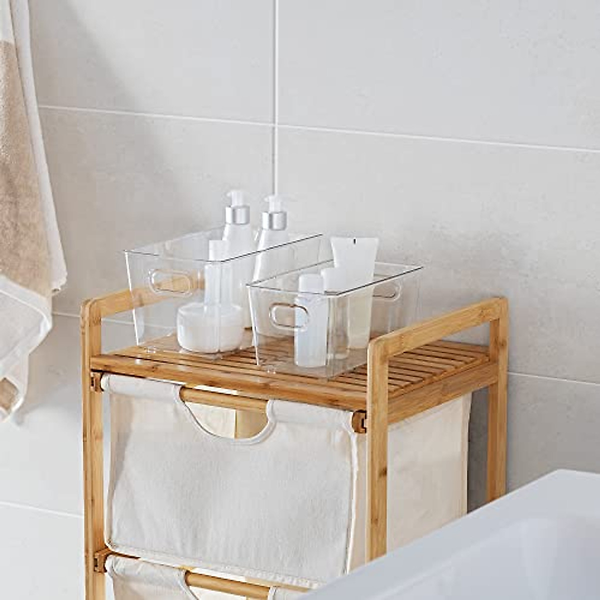 Navaris Transparent Plastic Storage Boxes with Lids - Set of 3 Clear Stackable Household Organizing Containers Bins with Bamboo Lids - S, M, L