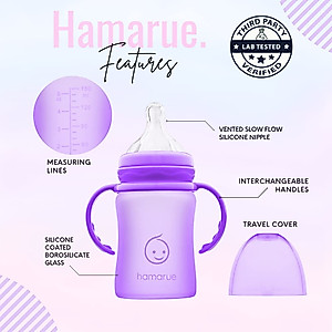 Hamarue 3-in-1 Glass Sippy Cups for Toddlers | Silicone Coated Glass Baby Bottles | Non-Toxic Transition Cup for Baby with Removeable Handles | Baby Straw Cup NB+,3M,6M,12M (Purple, 5 oz)