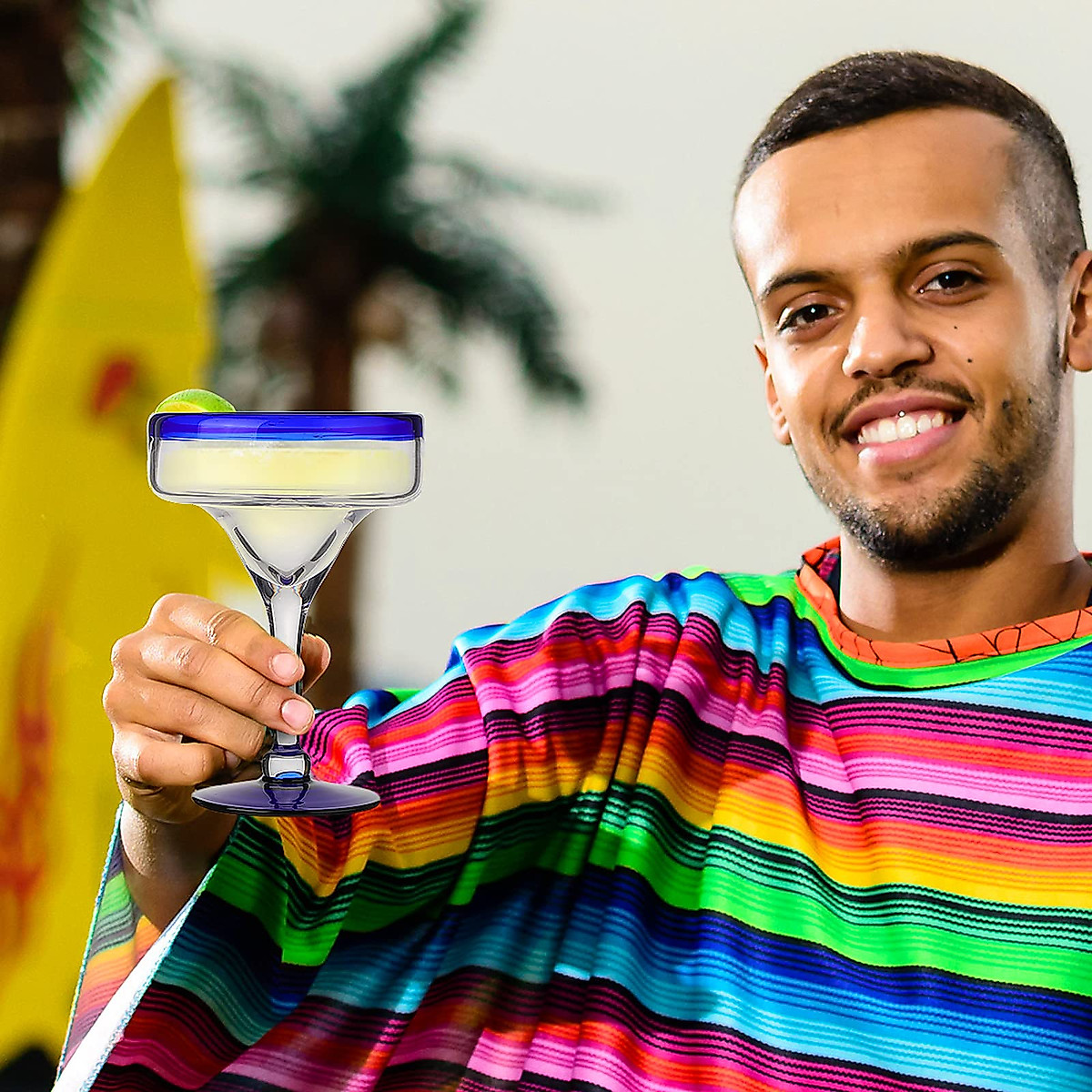 Margarita Glasses Set of 6 Hand Blown Glasses with Cobalt Blue Rim 14 oz Margarita Glasses for Cocktail Champagne Martini Glasses, Dishwasher Safe