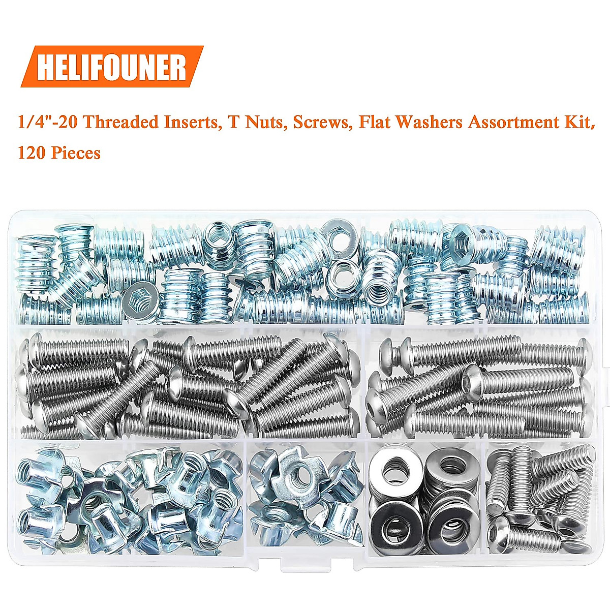 HELIFOUNER 1/4"-20 Threaded Inserts for Wood Furniture, 1/4"-20 T Nuts, 1/4-20 x 3/4", 1", 1-1/4" Button Head Socket Cap Screws, 1/4" Flat Washers Assortment Kit, 120 Pieces