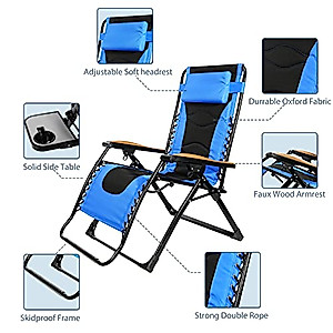 Cecarol XL Oversized Reclining Patio Chair, Zero Gravity Outdoor Lounge Chair Padded Seat, Portable Folding Lawn Recliner with Adjustable Headrest & Cup Holder for Camping, Support 350lbs - Blue