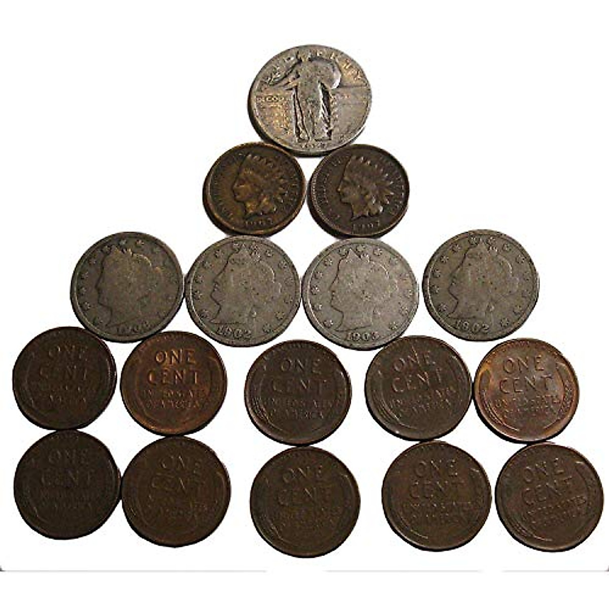 1 Ultimate Collection of Old Coins. 2 Indian Head Pennies, 10 Wheat Pennies, 4 Liberty Nickels, and 1 Silver Walking Liberty Quarter Good