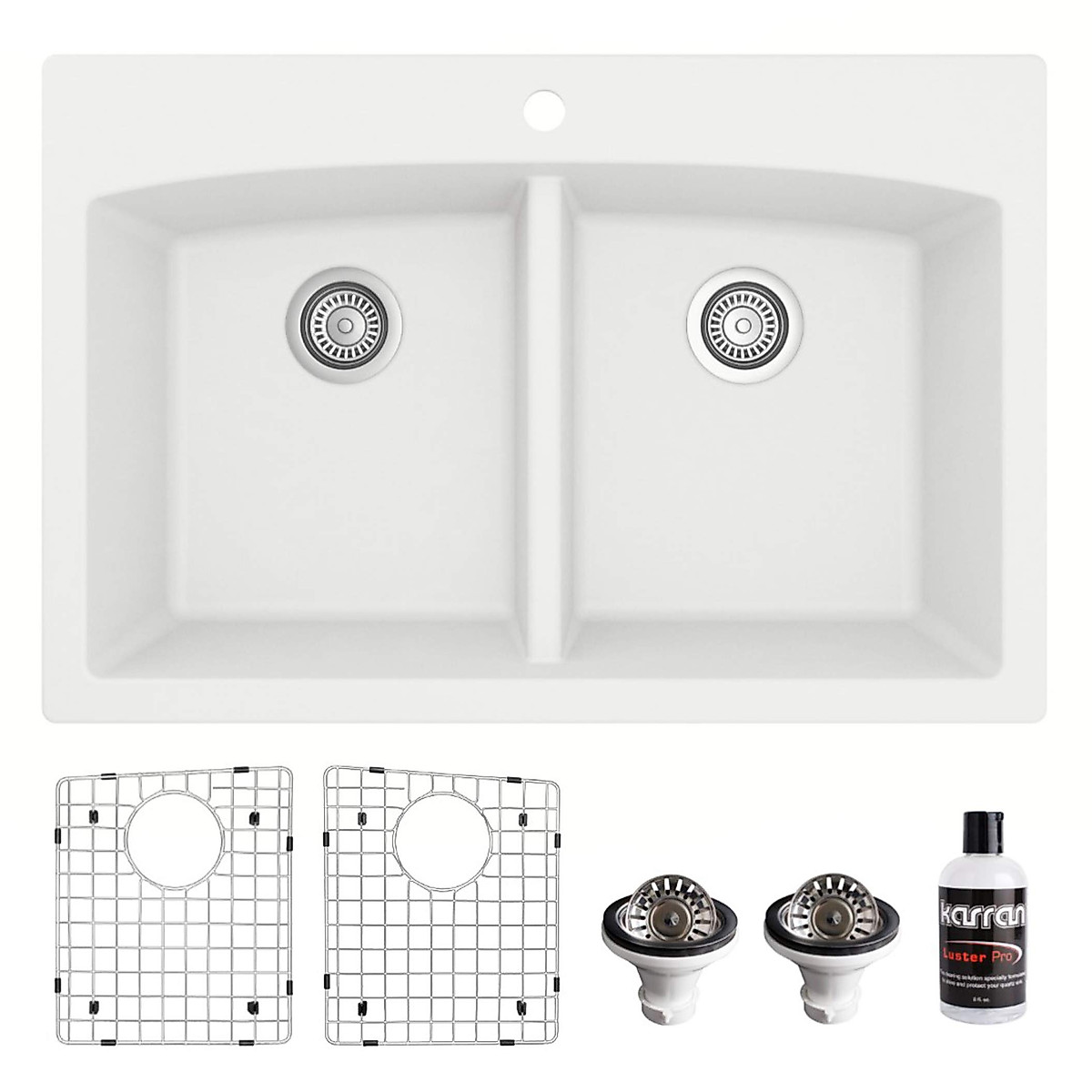 Karran QT-710 Drop-in Quartz Composite 33 in. 1-Hole 50/50 Double Bowl Kitchen Sink Kit in White