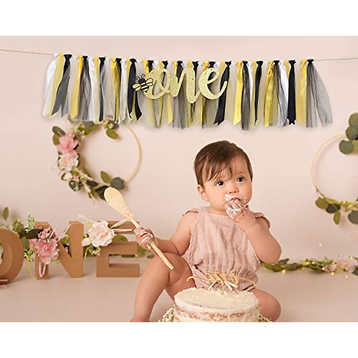 Bee Theme High Chair Banner - Baby First Birthday Party Banner - Smash Cake Photo Prop - 1st Birthday Photo Backdrop (Bee)