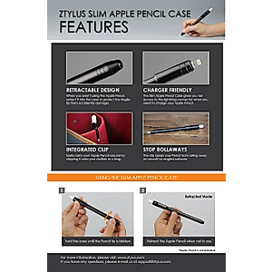 Ztylus Slim Metal Apple Pencil Protective Case: Retractable Tip Protection, Aircraft Grade Aluminum, Built-in Clip, Secures Cap Holder for iPad Pro 12.9", 10.5", 9.7" Apple Pencil (Black)