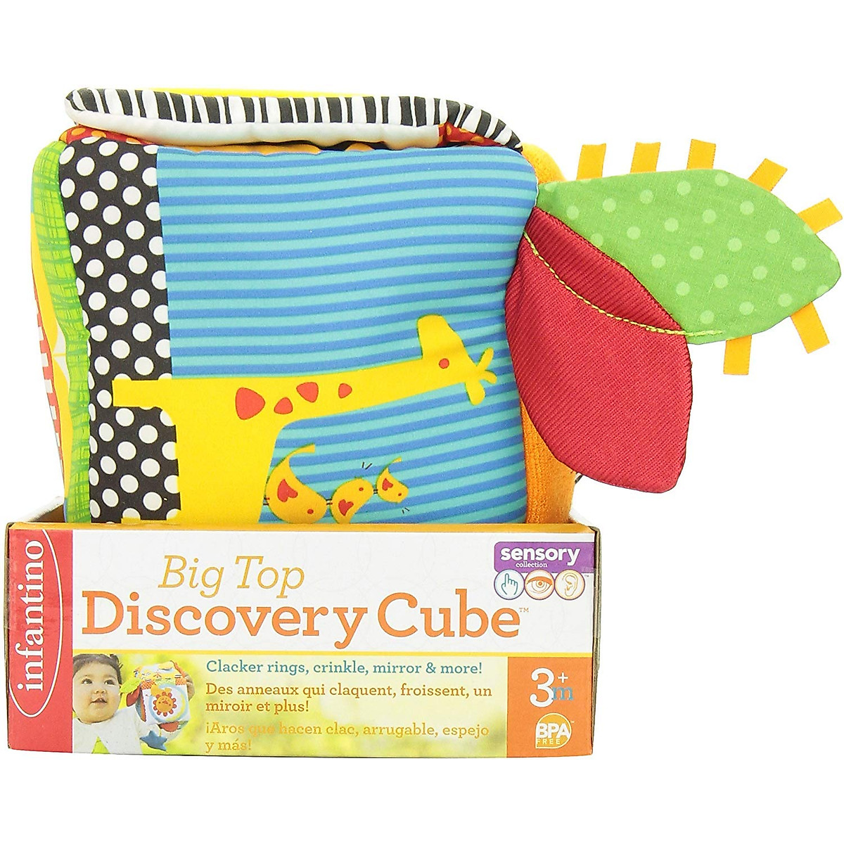 Infantino Peek & Seek Discovery Cube - Soft Development Toy, Peek-A-Boo Mirror, Clacker Rings, Crinkle & Rattle Sounds - Sensory Play, Ages 3 Months +
