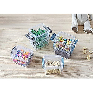 3 Pack Mini Plastic Storage Bin Organizing Container with Lids and Latching Buckles Stackable and Nestable Clear Storage Containers Latching Box with Handle for Organizing, Small(Blue/Grey Handle)