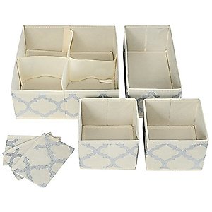 Set of 4 Organizer Bins with Dividers for Closet Dresser Drawer Inserts Bathroom Dorm or Baby Nursery; Store Socks Underwear Clothes; Clothing Organization; (Set of 4, Yellow-tinted Beige)