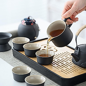 ICHAG Asian tea set |Kungfu tea sets |Ceramic Portable tea set |tea sets for adult |13-piece withgrey leather case |Tea set gift for Home, Outdoor, Business (Ceramic-Black teaset)