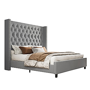 PaPaJet King Size Bed Frame 61.4" Tall Headboard Upholstered Velvet Platform Bed with Handmade Deep Button Tufted/No Box Spring Required/Grey