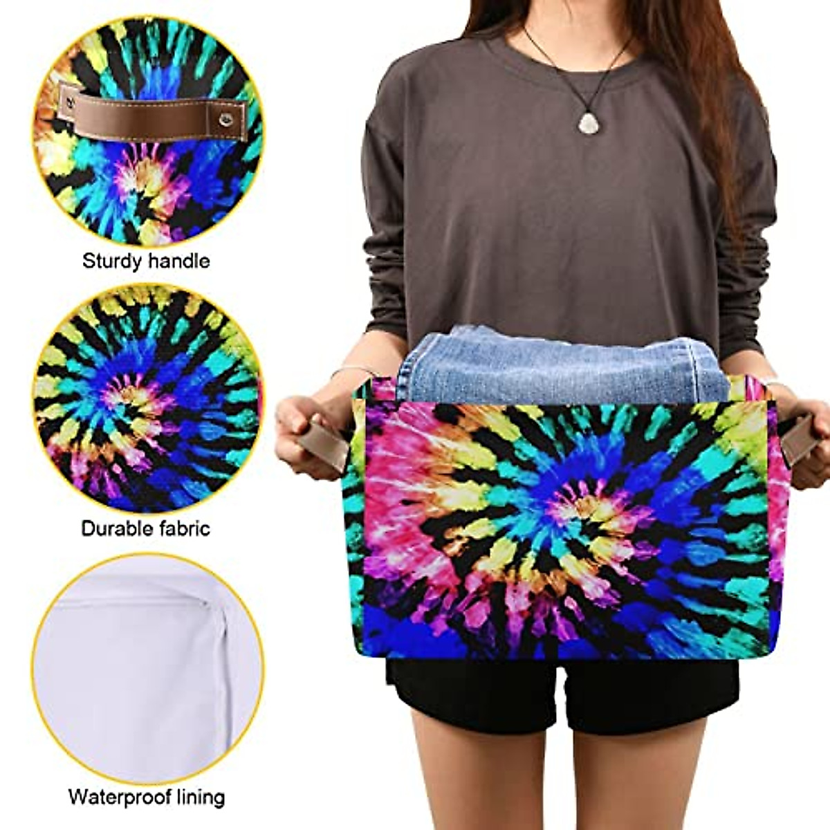 Gougeta Foldable Storage Basket with Handle, Tie Dye Rainbow Colorful Rectangular Canvas Organizer Bins for Home Office Closet Clothes Toys 2 Pack