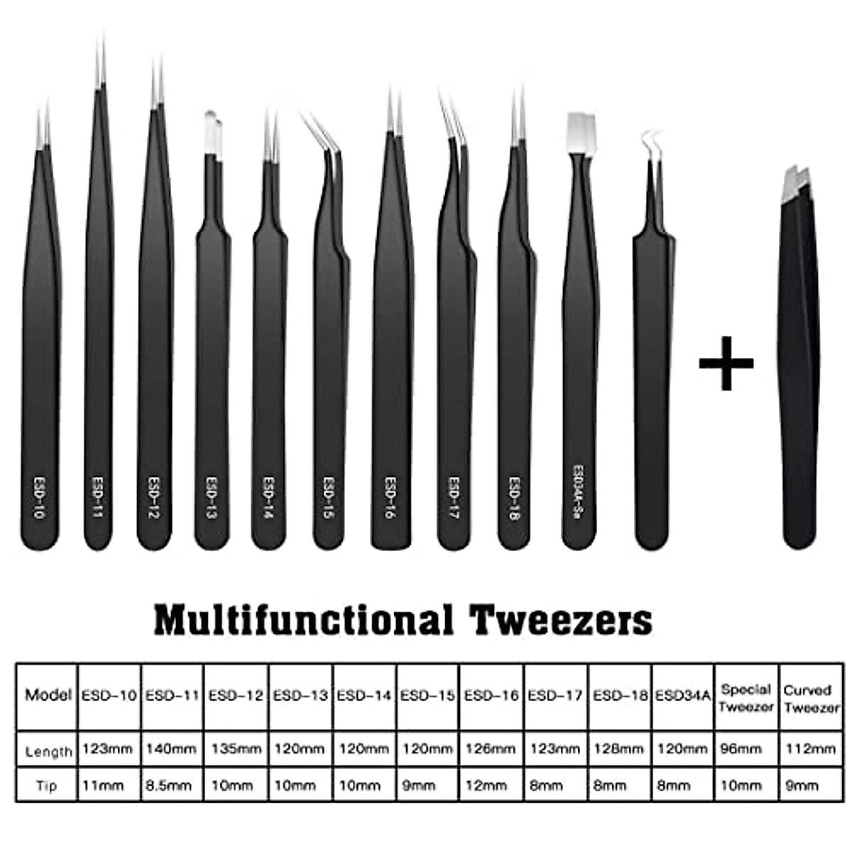 BOENFU Precision Tweezer Set Anti-Static ESD Needle Nose Tweezers for Craft, Soldering, Jewelry, Ingrown, Eyelash, Electronics, 12-PCS