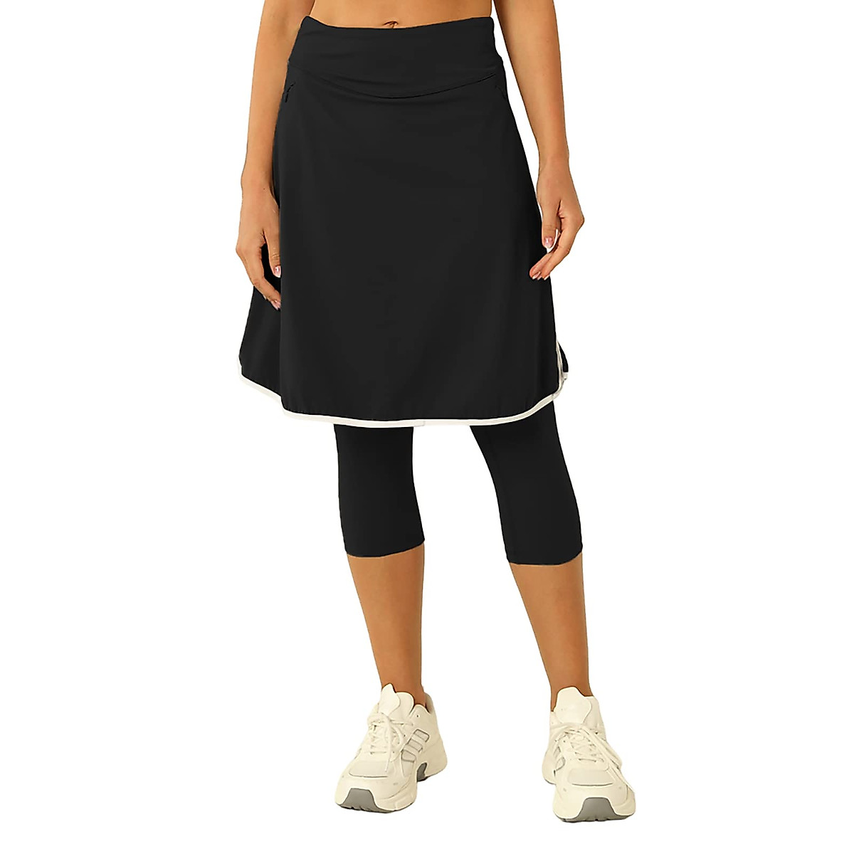 Aurgelmir Women's Knee Length Tennis Golf Skirts with Capri Pants Workout Yoga Skirted Leggings Athletic Skorts Pants Black
