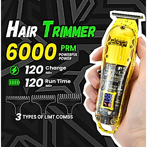 DSP Hair Clipper, Trimmer, Beard Shaver Kit for Men Professional Barber Set for Hair and Beard Cutting Zero Gap T-Blade Beard Trimmer, Rechargeable Bald Fade Clippers with LED Display (Yellow)
