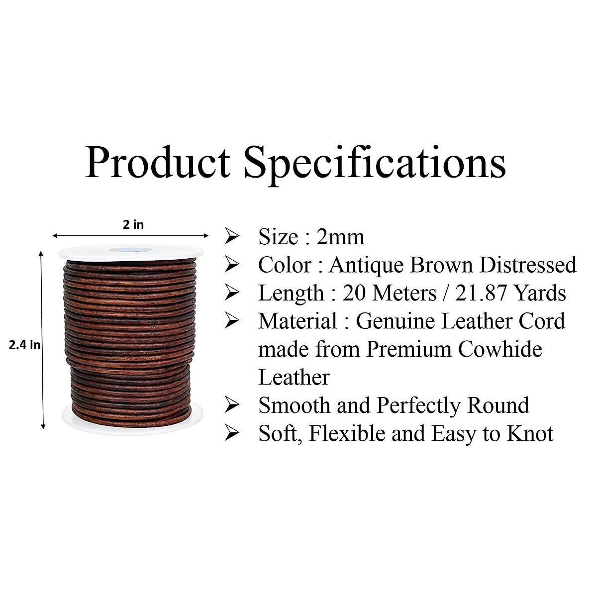 GENIQUE Real/Genuine Round Leather Cord for Jewelry Making, Leather String Cord for Crafting, Necklace, Bracelets, Braiding, Wraps (2mm, Antique Brown Distressed)