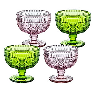 CHOOLD Vintage Flower Embossed Glass Footed Dessert Bowl Ice Cream Bowl Trifle Bowl Salad Bowl Candy Cake Bowl for Home Party Wedding 9oz-Green