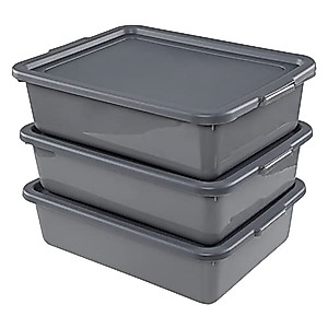 Afromy 3-Pack 13 L Plastic Bus Tub, Commercial Utility Bus Boxes with Lids, Gray, f