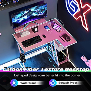 Giantex L Shaped Gaming Desk with Outlets & USB Ports, Small Computer Desk with Monitor Shelf, Headphone Hook, Storage Shelf & Host Stand, Modern Corner Gamer Workstation for Home Office (Pink)
