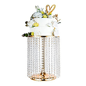 LANLONG Wedding Cake Stand for Dessert Table 12 Inch Gold Crystal Pendants Metal Cake Stand Serves as A Round Dessert Cupcake Display Plate 16 Inch Tall (Gold)