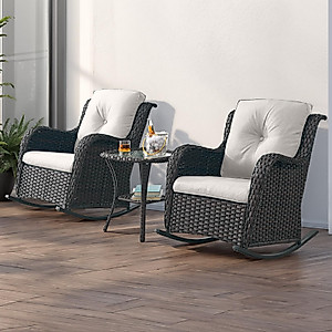 Rilyson Patio Chairs Outdoor Rocking Chair - 3 Piece Wicker Patio Bistro Set Rattan Patio Furniture Rocker Chairs and Side Table for Porch Deck Backyard Garden(Brown/Beige)