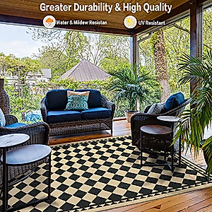 HUGEAR Outdoor Rug for Patios Clearance,Waterproof Mat,Large Outside Carpet,Reversible Plastic Straw Camping Rugs,Rv,Porch,Deck,Camper,Balcony,Backyard (5x8,Checkered/Black&Beige)