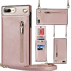 Jaorty Crossbody Phone Case for iPhone 8 Plus/7 Plus Case with Card Holder for Women,iPhone 7 Plus Case Wallet with Strap Lanyard for Men,PU Leather Magnetic Clasp with Kickstand 5.5", Rosegold