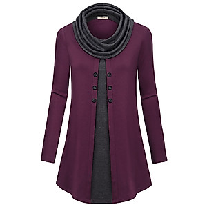 Bebonnie Fall Tops for Women 2025 Trendy,Petite Long Sleeve Cowl Neck Warm Splicing Tunic Tops with Buttons Magenta Grey Small