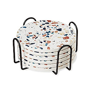 Twine Terrazzo Coasters, Stoneware Coaster Set, White Coasters with Stand, Coffee Table Decor, Set of 6, Multicolor
