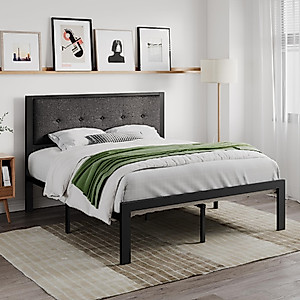 SHA CERLIN Full Size Metal Platform Bed Frame with Upholstered Button Tufted Headboard, Easy Assembly, Dark Grey