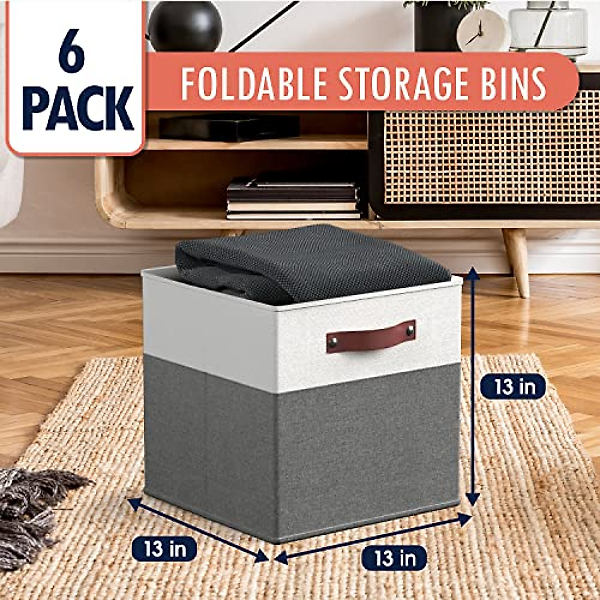 Ornavo Home Foldable Collapsible Storage Box Bins Linen Fabric Shelf Basket Cube Organizer with Leather Handles - Set of 6 - 13 x 13 x 13 - White/Gray