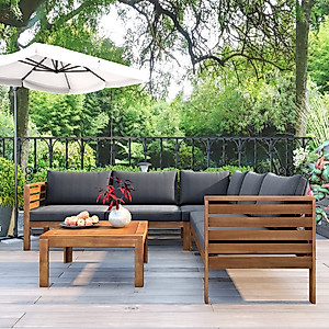 Outdoor Patio Furniture Sofa Set, 4 Piece Outdoor Conversation Sofa Set Wooden Sectional Sofa Set with Seat Cushions and Wooden Coffee Table, Cushioned Sofa Set for Outdoor Indoor