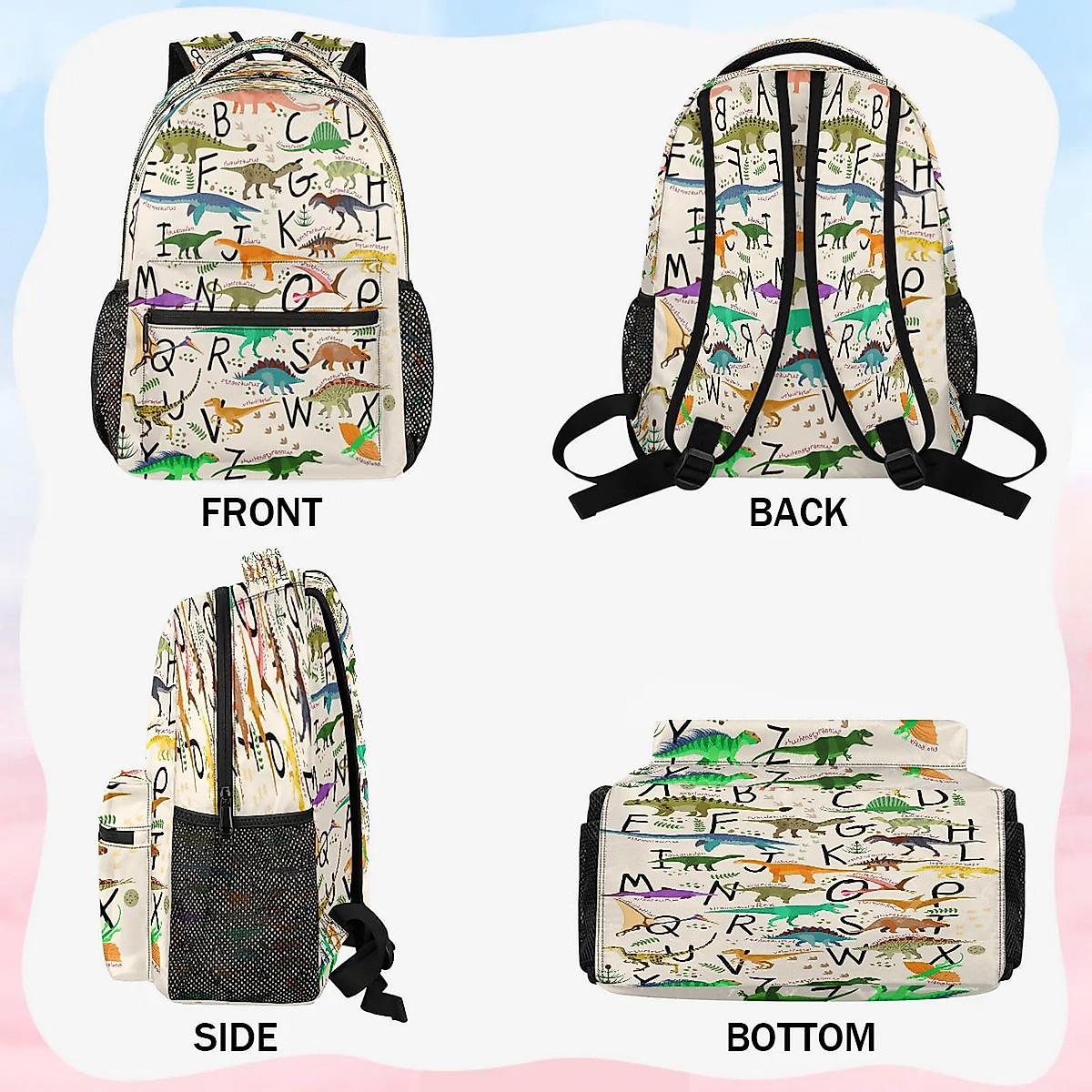 Alphabet Dinosaur Backpack for School Kids Girls Boys Education Letter Bookbag Laptop Backpack 14 Inch Travel Daypack Student Computer Bag for Women Teen Girls College Work