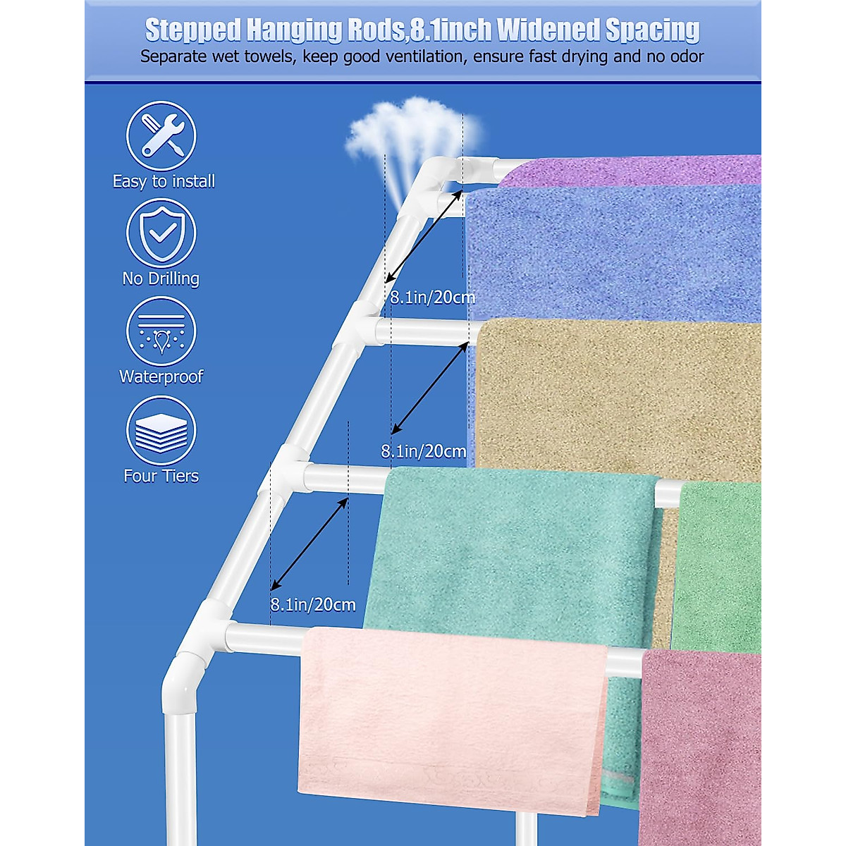 Heavy Duty Outdoor Towel Rack, Hutigertech 7 Tier Freestanding Poolside Pipe Towel Rack with Installation Hammer for Beaches,Swimming Pools,Bathroom