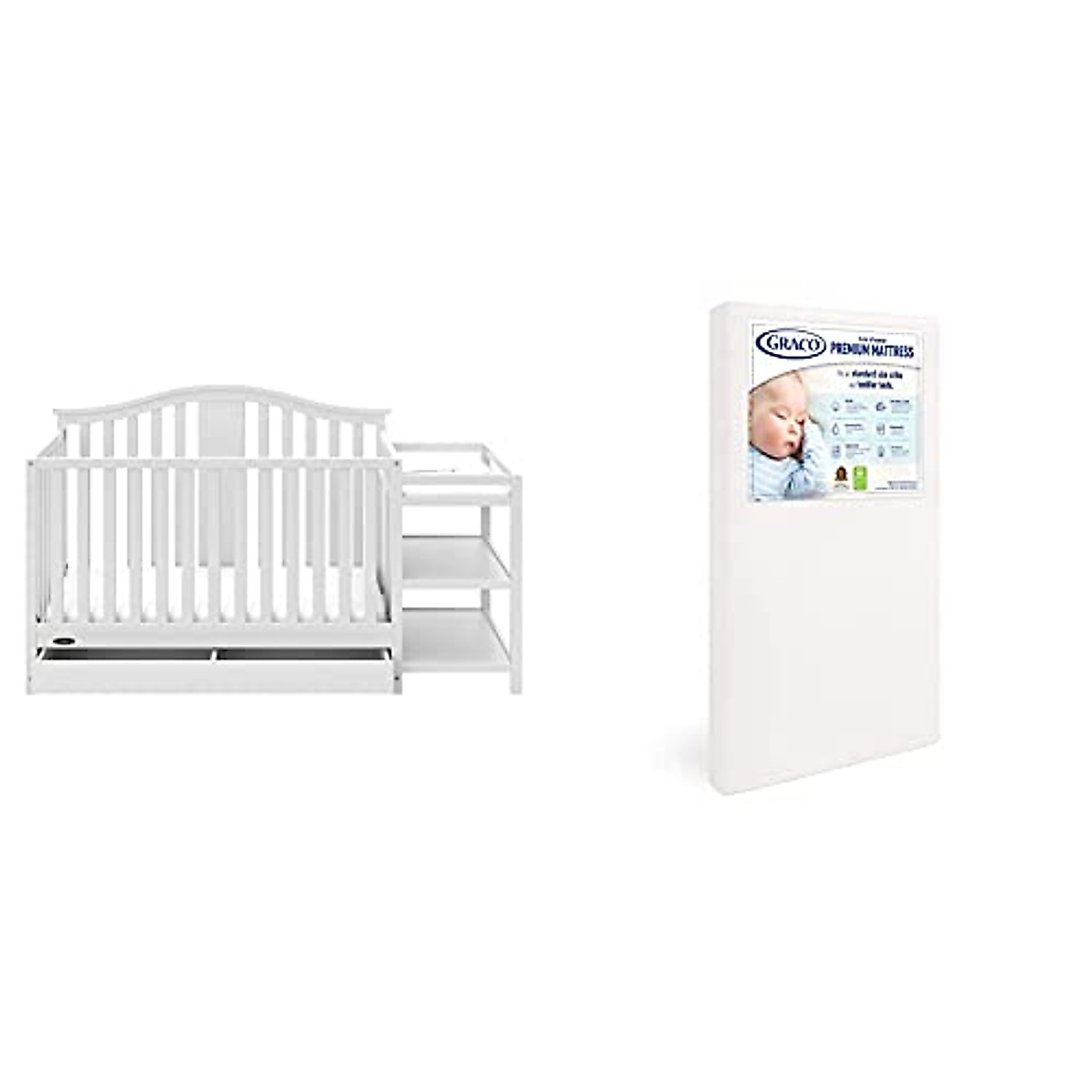 Graco Solano 4-in-1 Convertible Crib with Drawer and Changer (White) - JPMA-Certified Crib and Changer & Premium Foam Crib & Toddler Mattress – GREENGUARD Gold and CertiPUR-US Certified