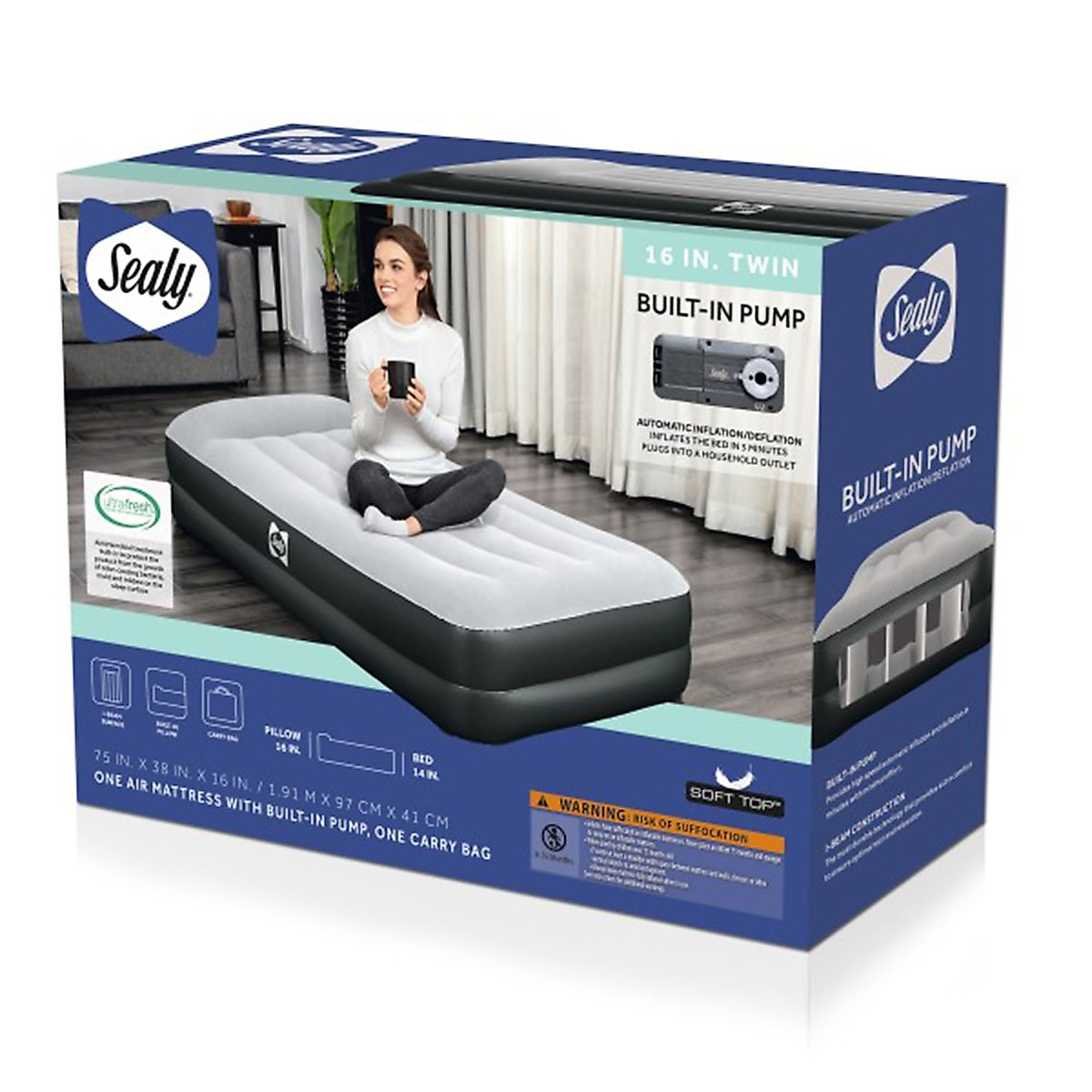 Sealy Tritech 16” Twin Sized Inflatable Air Mattress Bed with Built-in Pump, Storage Bag, and Repair Patch for Indoor and Outdoor Use