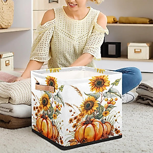 Tablerazzi Fall Pumpkin Simple Cube Storage Bin, 13 Inch Collapsible Fabric Storage Cube Bin, Foldable Cube Baskets for Shelf, Closet, Organizer
