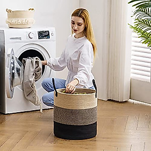 Woven Rope Laundry Basket by TECHMILLY, 42L Baby Nursery Hamper for Clothes Blanket Storage, Large Tall Laundry Hamper for College Dorm, Bedroom, Living Room, Brown & Black