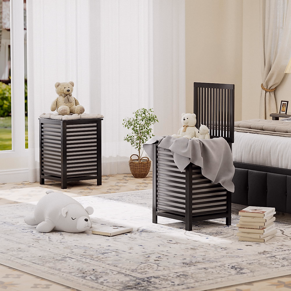 SMIBUY Double Laundry Hamper with Lid, 120L Bamboo Laundry Basket with Removable Liner Bag, 2-Section Clothes Divider Laundry Sorter for Laundry Room, Bathroom, Bedroom (Black)