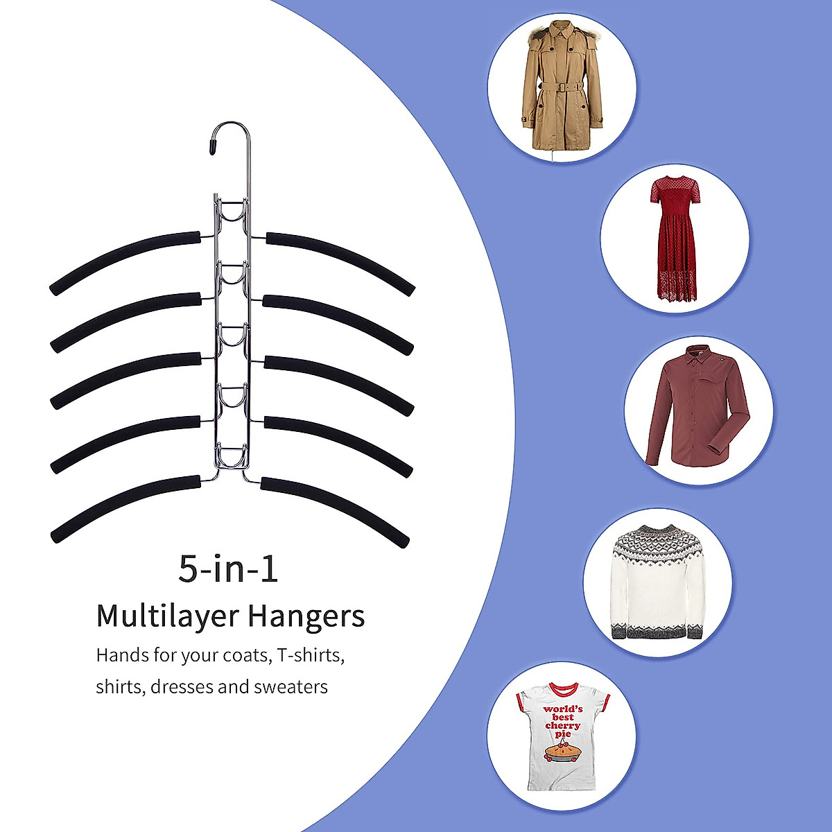 Nature Smile 2 Pack 5 in 1 Anti Slip Metal Sweater Coat Hangers,Multi Layers Wardrobe Clothes Rack,Heavy Duty Metal Space Saver Shirt Blouse Hanger Closet Storage Organizer