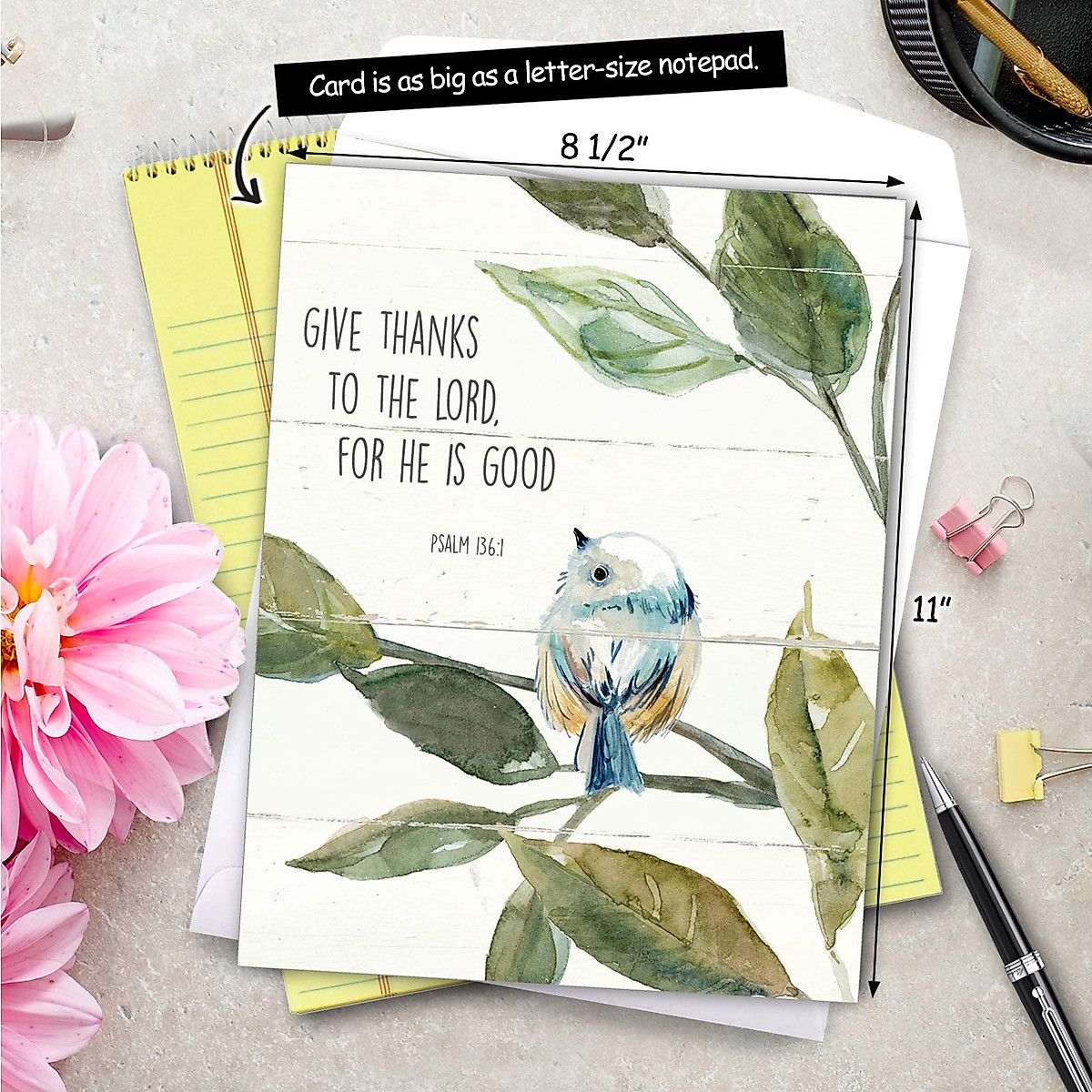 The Best Card Company - 1 Beautiful Thank You Card (8.5 x 11 Inch) - Pretty Flowers, Floral Gratitude Stationery Notecard with Envelope - Scripture Birds J7108ETYG