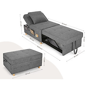 SEJOV Sleeper Sofa Chair Bed,4-in-1 Convertible Sofa Bed Chair with 6 Adjustable Backrest and Pillow, 3-Seat Pull Out Sleeper Chair Linen No Backrest for Bedroom Small Space Living Room, Dark Grey