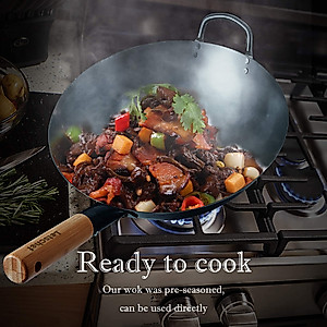 Letschef Preseasoned Carbon Steel Wok 14 Inches Hand Hammered Chinese Traditional Wok and Stir Fry Pan Round Bottom with Bamboo Handle PFOA Free Cookware